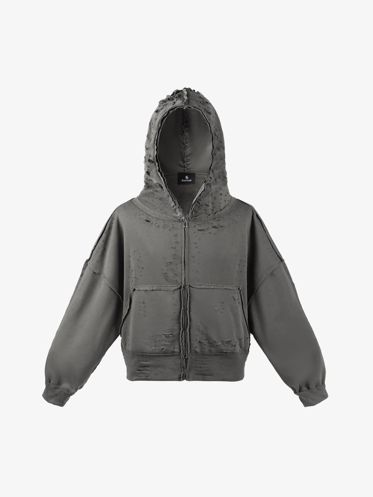 Retro Distressed Ripped Zip Up Hoodie
